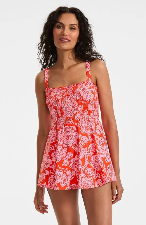 LANDS' END Square Neck Smocked Mini Swim Dress - Radiant Orange Floral Medley