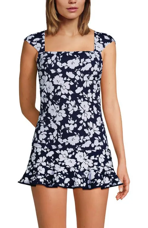 LANDS' END Square Neck Underwire Tankini Top - Navy Blossom Floral