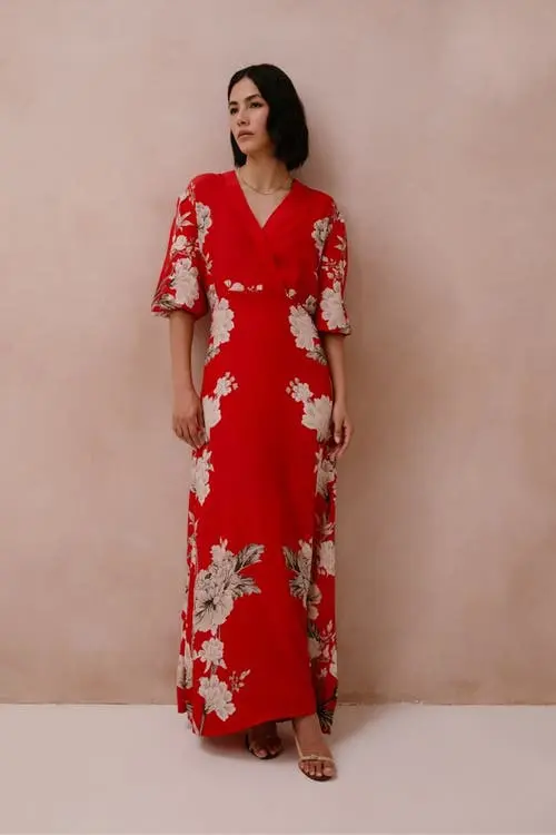 RAISHMA Floral Printed Maxi Dress - Red