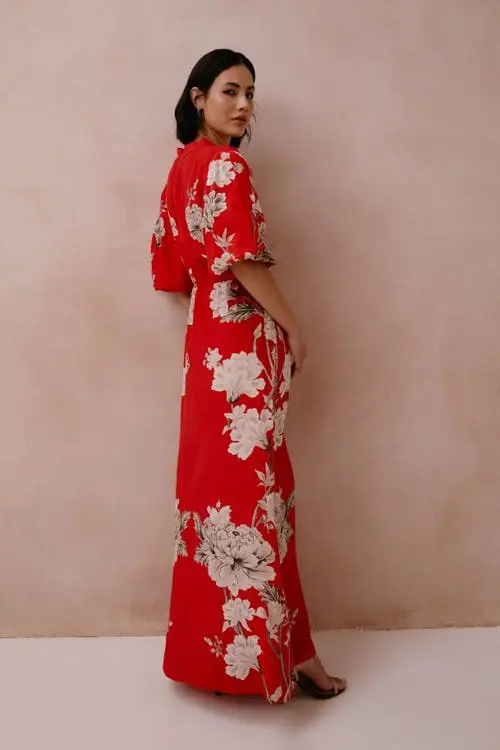 RAISHMA Floral Printed Maxi Dress - Red