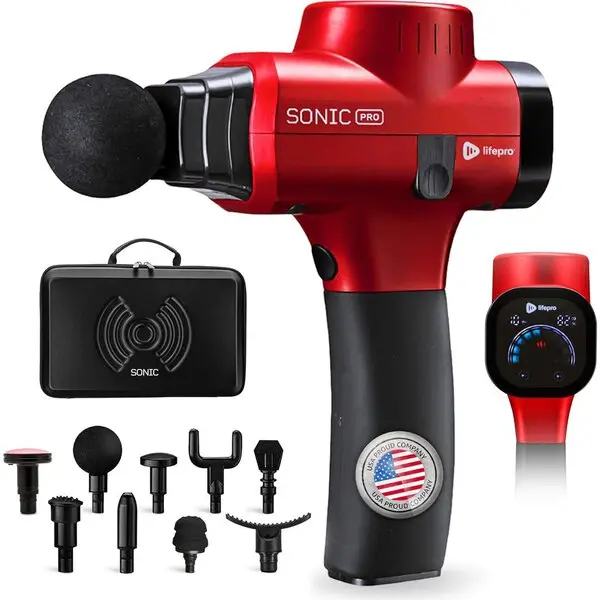 LIFEPRO Sonic Pro Deep Tissue Massage Gun Handheld Percussion Massager With 10 Speeds - Red