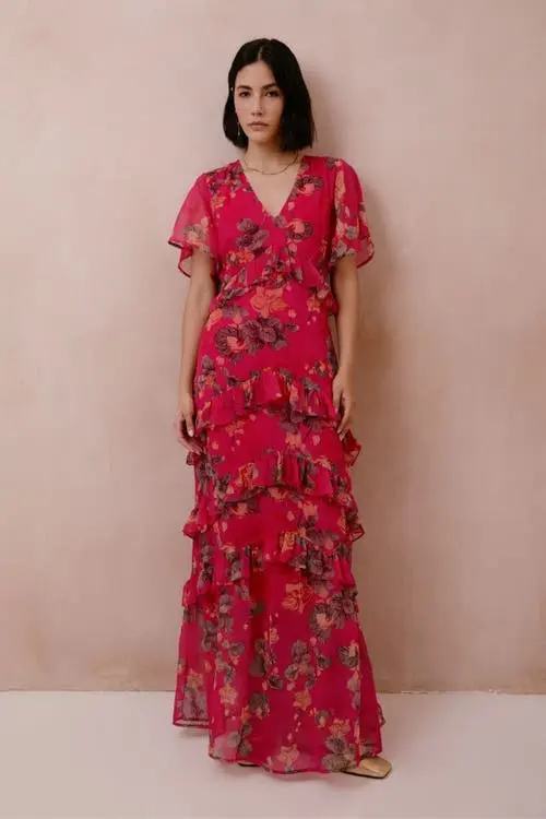 RAISHMA Printed Crinkle Chiffon Maxi Dress - Red Floral