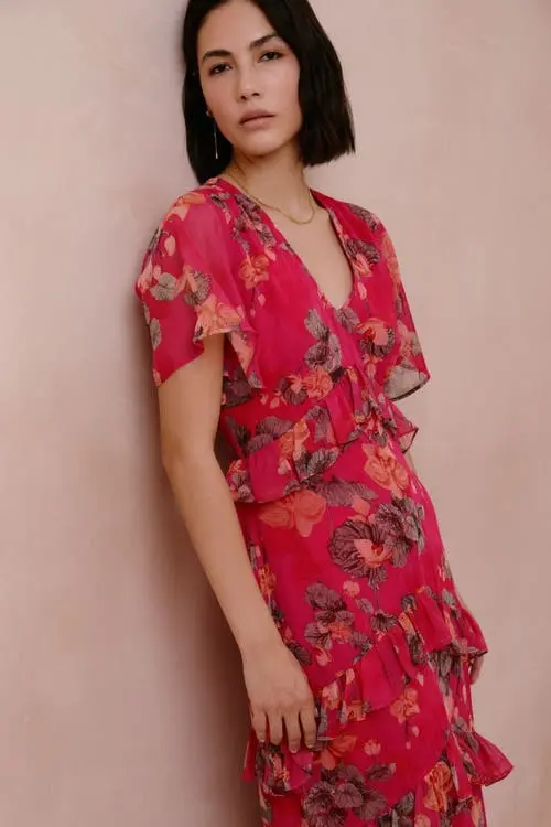 RAISHMA Printed Crinkle Chiffon Maxi Dress - Red Floral