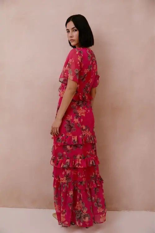 RAISHMA Printed Crinkle Chiffon Maxi Dress - Red Floral