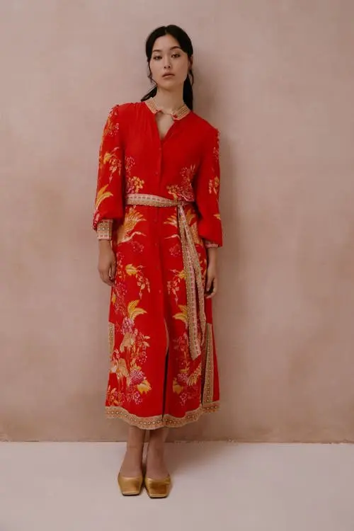 RAISHMA Floral Printed V-neck Midi Dress - Red