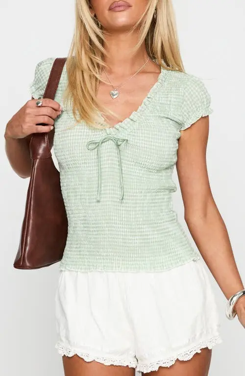 Princess Polly Coast To Coast Smocked Gingham Top - Sage Check