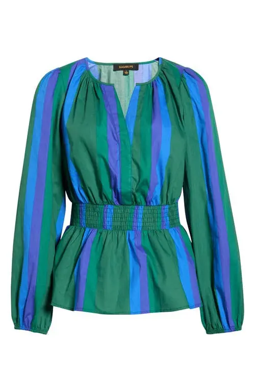 SUGARLIPS Dolary Stripe Mirana Smock Top - Emerald-blues