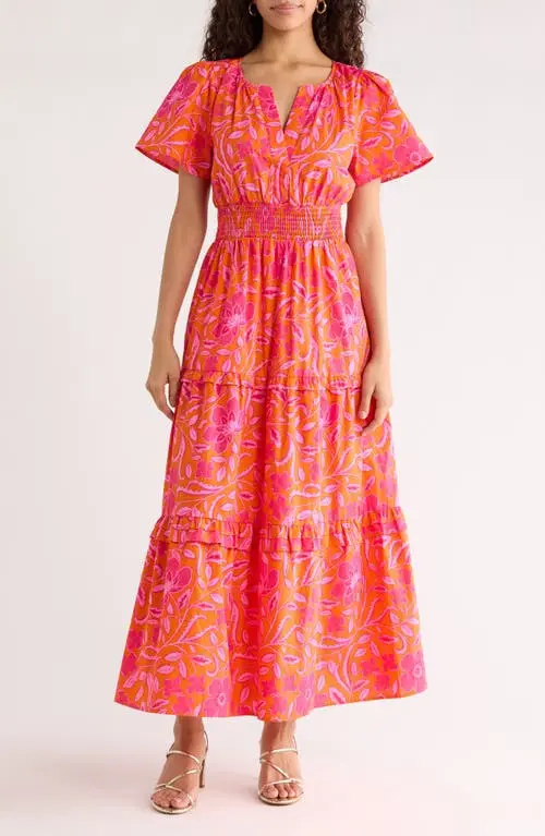 SUGARLIPS Rea Floral Tiered Cotton Dress - Orange-fuchsia