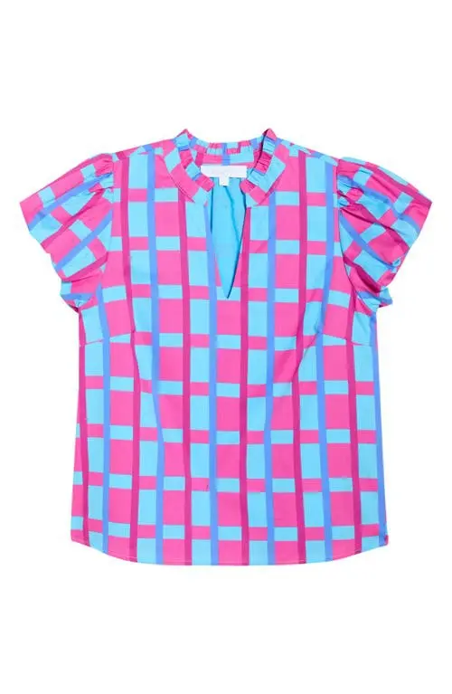 SUGARLIPS Marvy Checker Kenie Puff Sleeve Top - Fuchsia-blue-multi