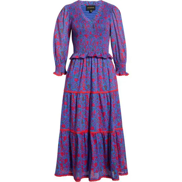 SUGARLIPS Tanya Floral Print Long Sleeve Smocked Dress - Blue-fuchsia