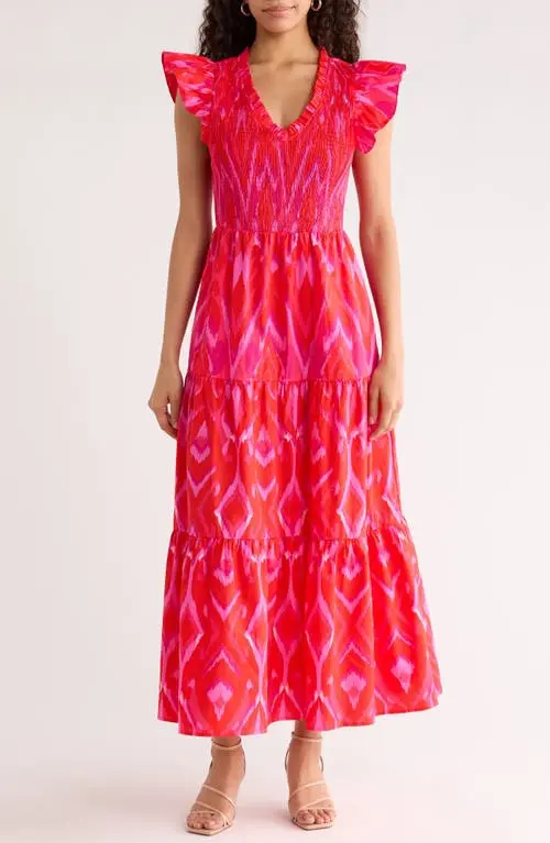 SUGARLIPS Blevin Ikat Sunfire Smocked Cotton Tiered Maxi Dress - Red-pink-combo