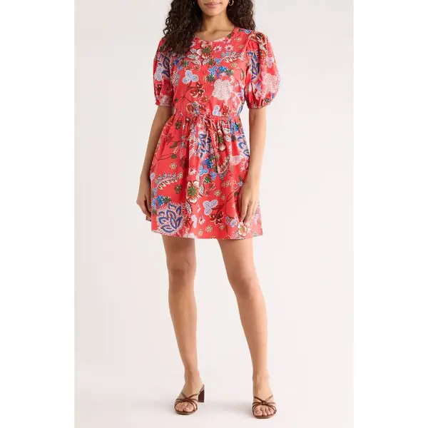 SUGARLIPS Oreanna Floral Alba Drawstring Waist Cotton Minidress - Coral-blue