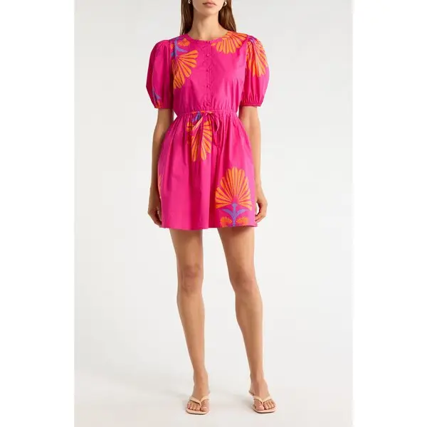 SUGARLIPS Oreanna Floral Alba Drawstring Waist Cotton Minidress - Fuchsia-org