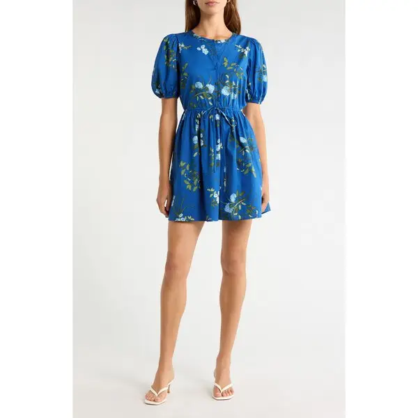 SUGARLIPS Floral Cotton Mini Dress With Drawstring Waist - Navy-blue-grn