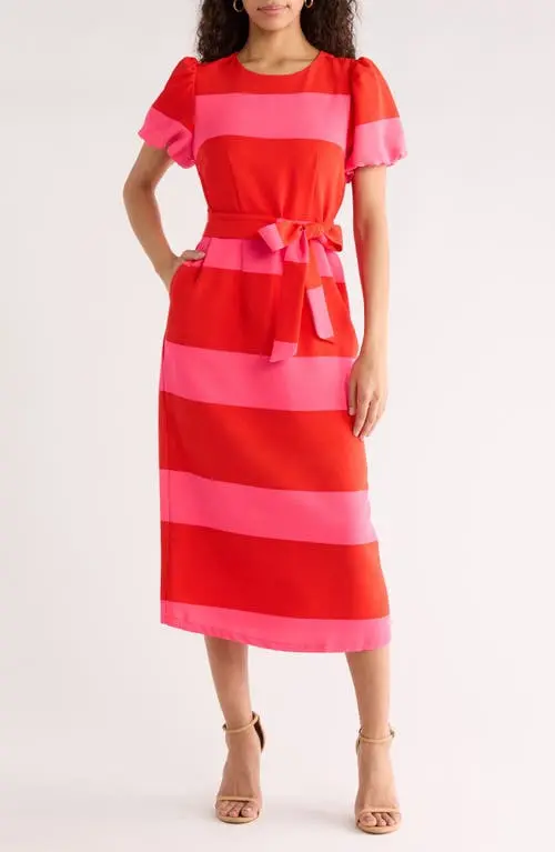 SUGARLIPS Lolli Stripe Senidy Puff Sleeve Dress - Fuchsia-red