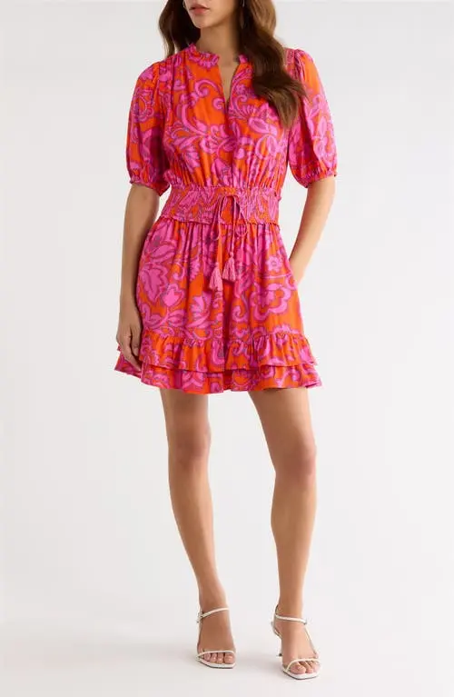 SUGARLIPS Marinda Floral Jurie Smocked Minidress - Orange-fuchsia