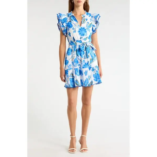SUGARLIPS Eriny Verbena Floral Cotton Dress - White-blue-green