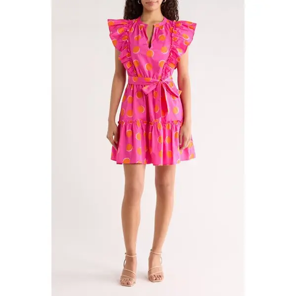 SUGARLIPS Rosy Polka Dot Ruffle Minidress - Fuchsia-orange-dot