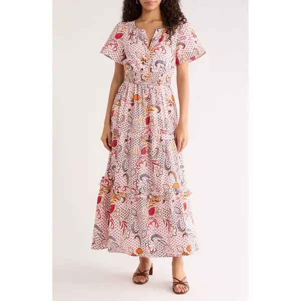 SUGARLIPS Hendry Floral Palmer Tiered Cotton Maxi Dress - Cream-multi