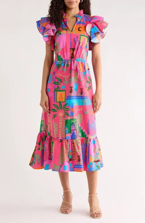 SUGARLIPS Lanus City Dillan Ruffle Midi Dress - Fuchsia-multi