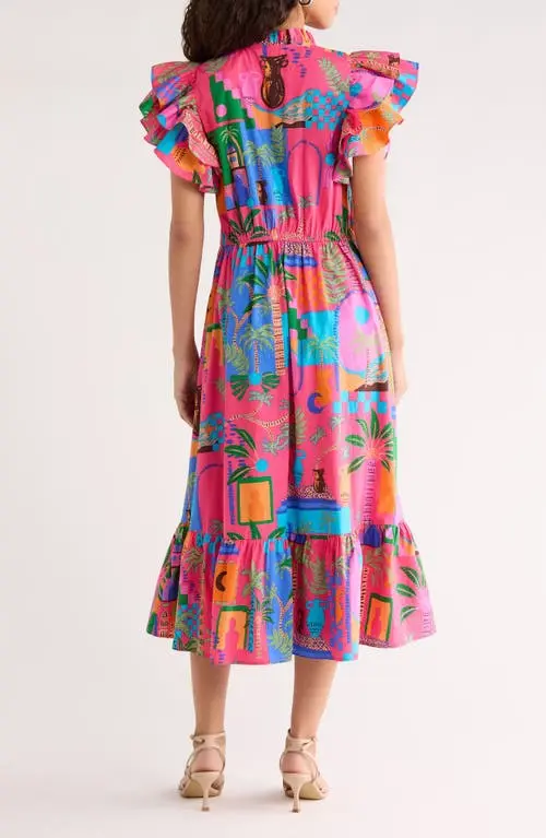 SUGARLIPS Lanus City Dillan Ruffle Midi Dress - Fuchsia-multi