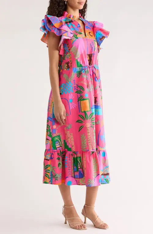 SUGARLIPS Lanus City Dillan Ruffle Midi Dress - Fuchsia-multi