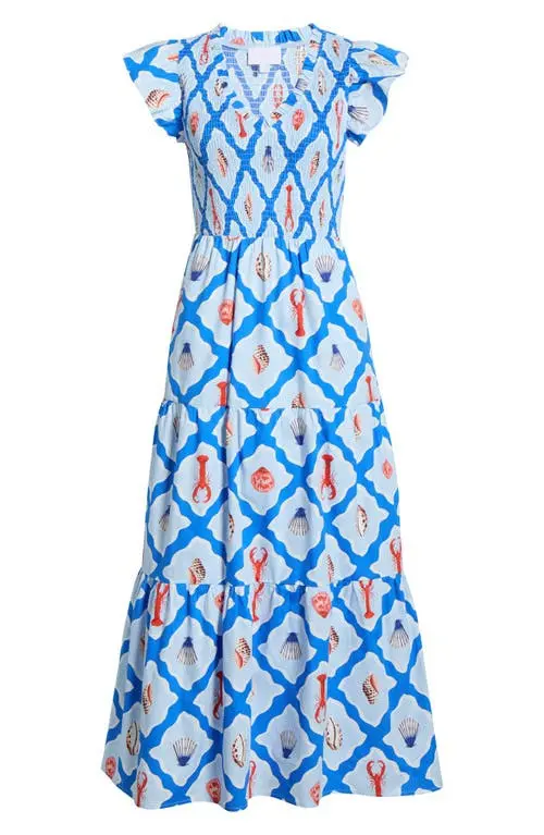 SUGARLIPS Lobster Bay Sunfire Smocked Cotton Tiered Maxi Dress - White Blue-multi