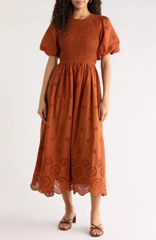 SUGARLIPS Deana Eyelet Smocked Midi Dress - Brown