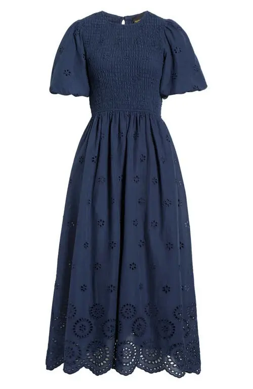 SUGARLIPS Deana Eyelet Smocked Midi Dress - Navy