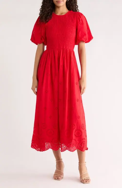 SUGARLIPS Deana Eyelet Smocked Midi Dress - Red