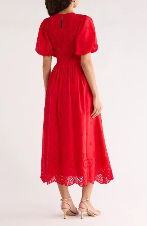 SUGARLIPS Deana Eyelet Smocked Midi Dress - Red