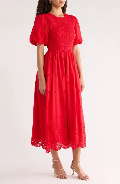 SUGARLIPS Deana Eyelet Smocked Midi Dress - Red
