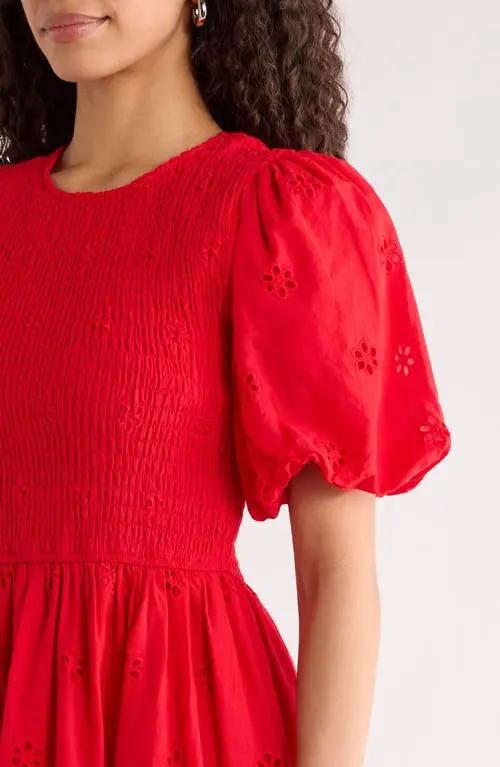 SUGARLIPS Deana Eyelet Smocked Midi Dress - Red