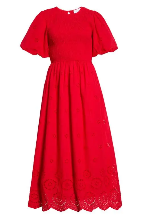 SUGARLIPS Deana Eyelet Smocked Midi Dress - Red