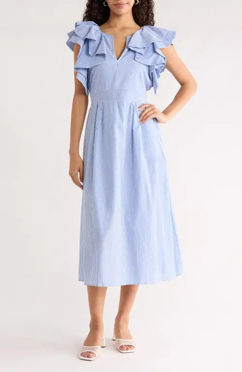 SUGARLIPS Zira Stripe Cotton Dress - White-blue