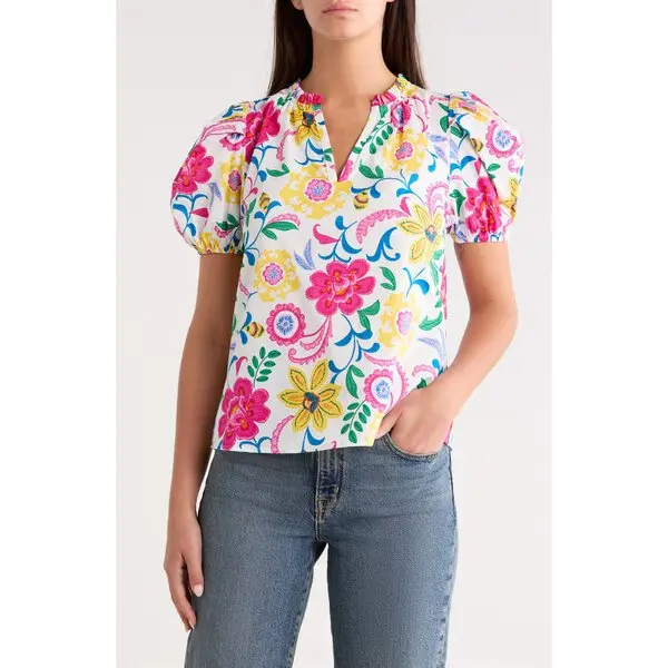 SUGARLIPS Punta Alta Berisa Split Neck Puff Sleeve Cotton Top - White Multi
