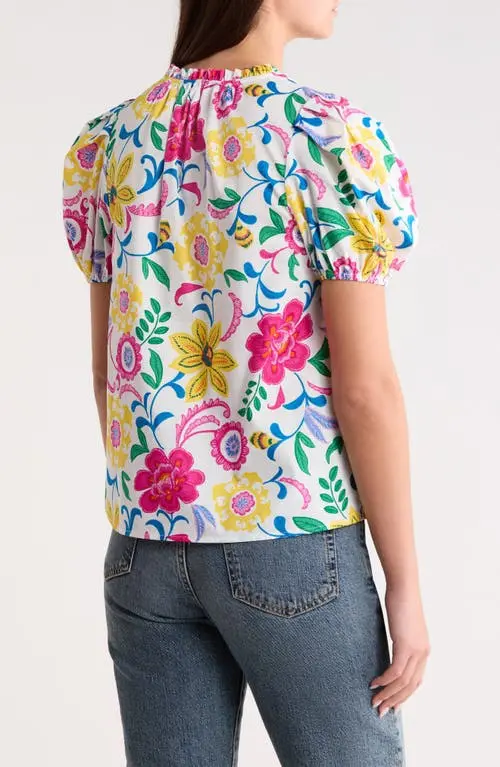 SUGARLIPS Punta Alta Berisa Split Neck Puff Sleeve Cotton Top - White Multi