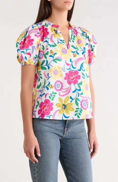 SUGARLIPS Punta Alta Berisa Split Neck Puff Sleeve Cotton Top - White Multi