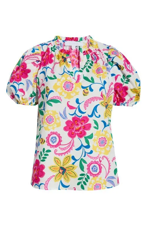 SUGARLIPS Punta Alta Berisa Split Neck Puff Sleeve Cotton Top - White Multi