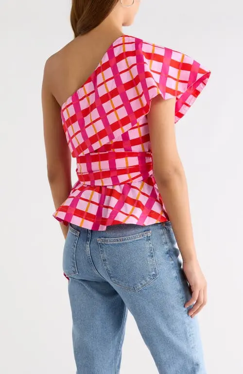 SUGARLIPS Plaid One-shoulder Cotton Top