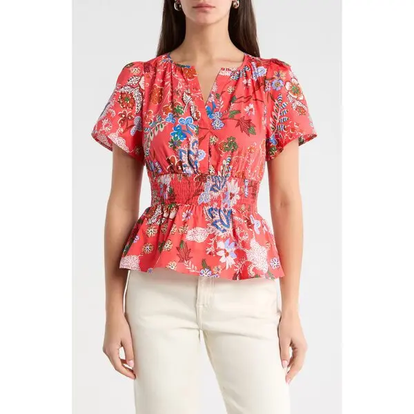 SUGARLIPS Oreanna Floral Sarina Smocked Top - Coral-blue