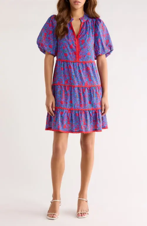 SUGARLIPS Tanya Floral Tiered Cotton Dress - Blue-fuchsia