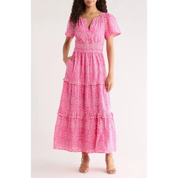 SUGARLIPS Viridinia Cotton Eyelet Maxi Dress - Fuchsia