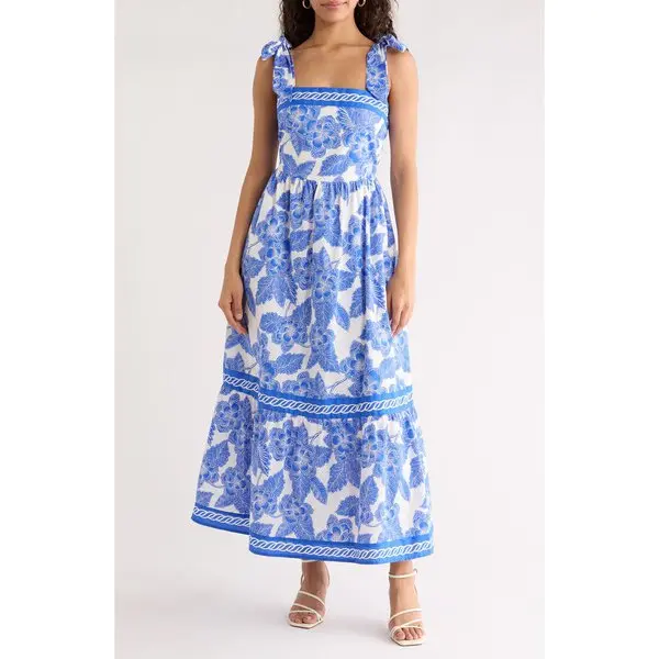 SUGARLIPS Rency Floral Tiered Cotton Maxi Sundress - White-blue