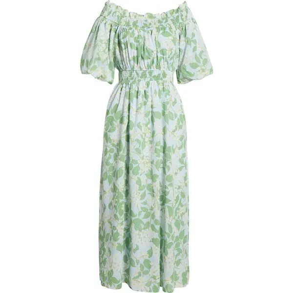 SUGARLIPS Kiany Floral Magna Town Off The Shoulder Cotton Midi Dress - Light-blue-green