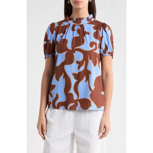 SUGARLIPS Briley Abstract Puff Sleeve Top - Brown-blue