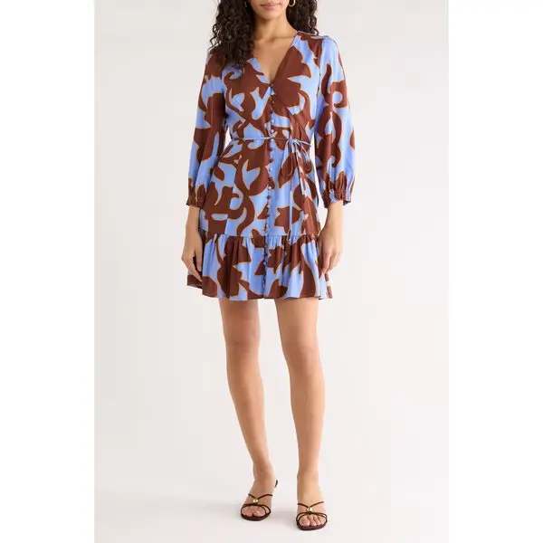 SUGARLIPS Bruceton Floral Print Long Sleeve Minidress - Brown-blue