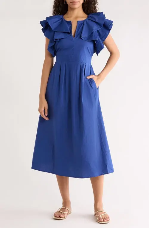SUGARLIPS Santana Ruffle Sleeve Cotton Dress - Navy
