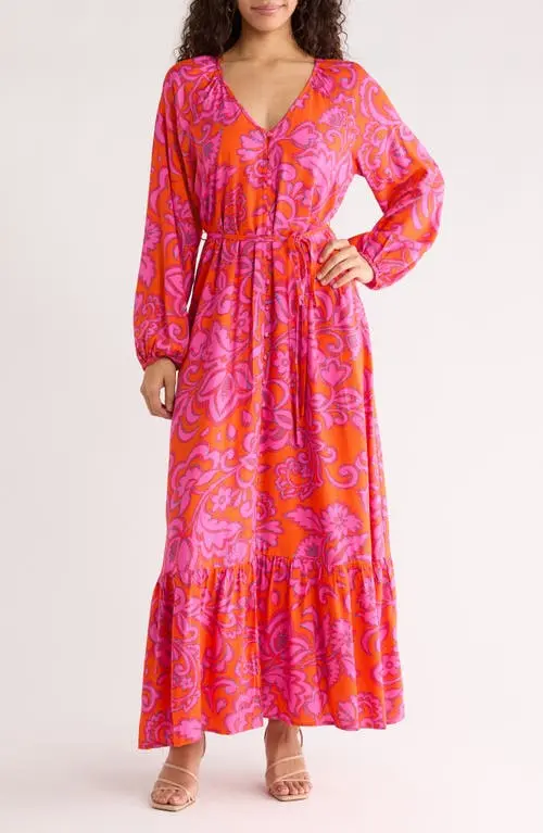 SUGARLIPS Marinda Floral Larrie Long Sleeve Button Maxi Dress - Orange-fuchsia