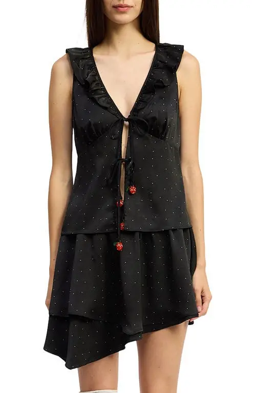 JACQUIE THE LABEL Tegan Polka Dot Ruffle Split-front Top - Black Ivory